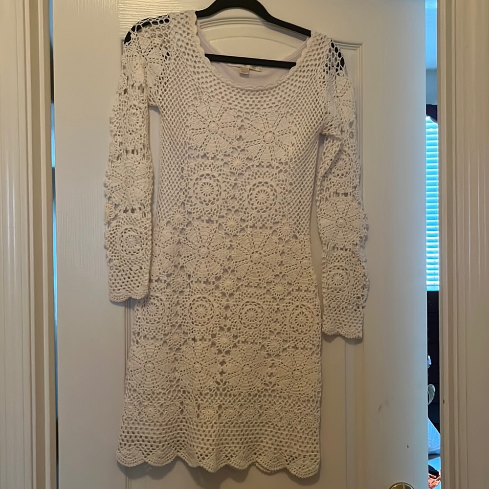 Boston Proper White Crochet Long Sleeve Dress - Gem